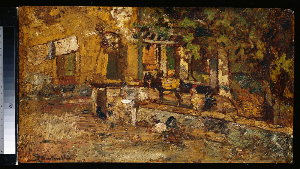 Cortile della fattoria con un asino e galli | Stampa d'arte