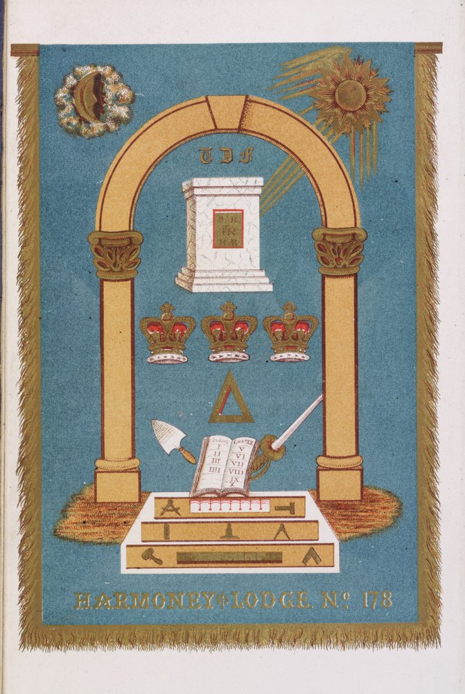 Emblema della loggia massonica che mostra colonne e vari simboli