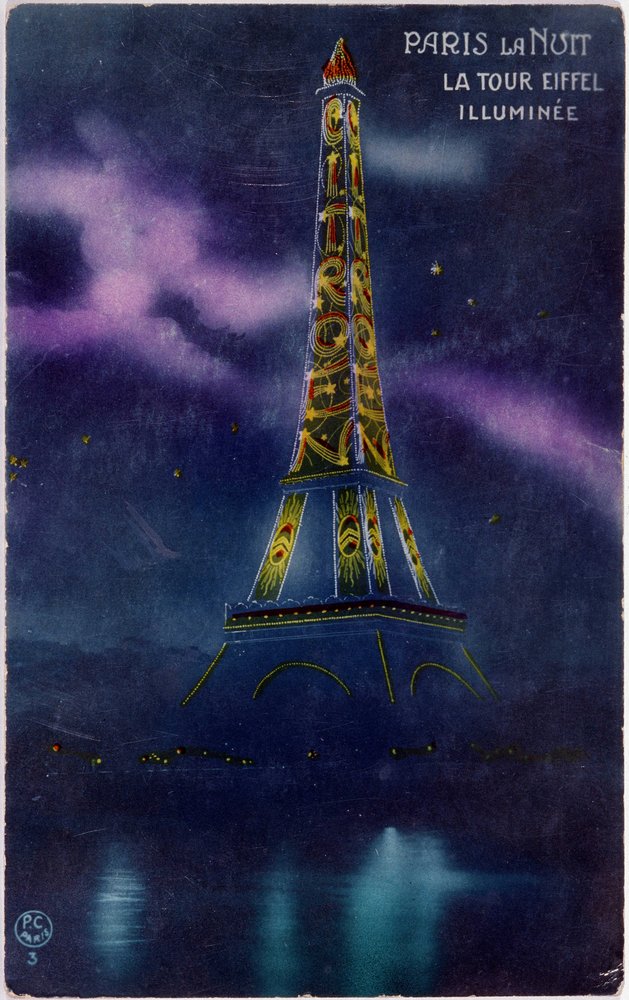 La Torre Eiffel illuminata con le lettere "Citroen" - cartolina, circa 1925