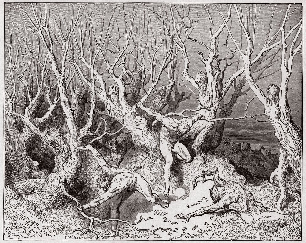 La Divina Commedia, Inferno, Canto 13: I suicidi fuggono dalla foresta ...