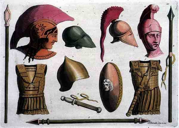 Esempi di Armi e Armature Etrusche, da 'Costumi dei Romani', inciso da ...