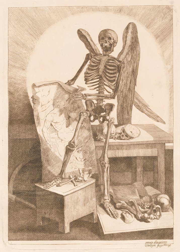 Uno Scheletro Alato che Tiene un Disegno Anatomico