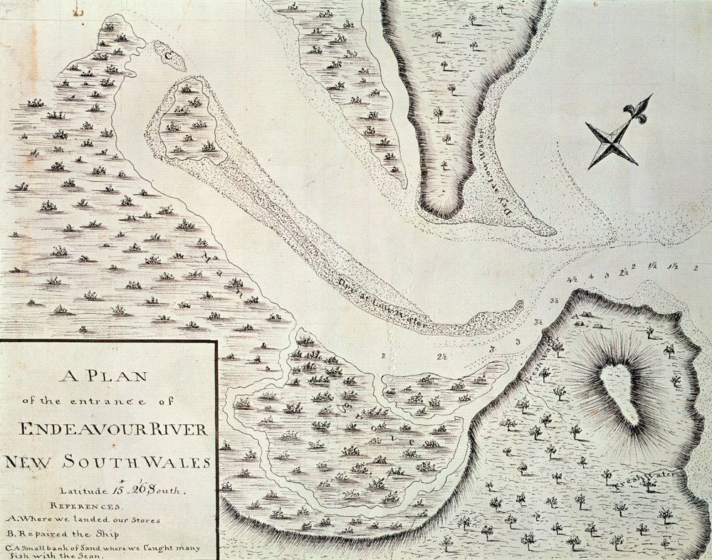 Mappa dell'ingresso del fiume Endeavour, mappa dal resoconto del primo ...