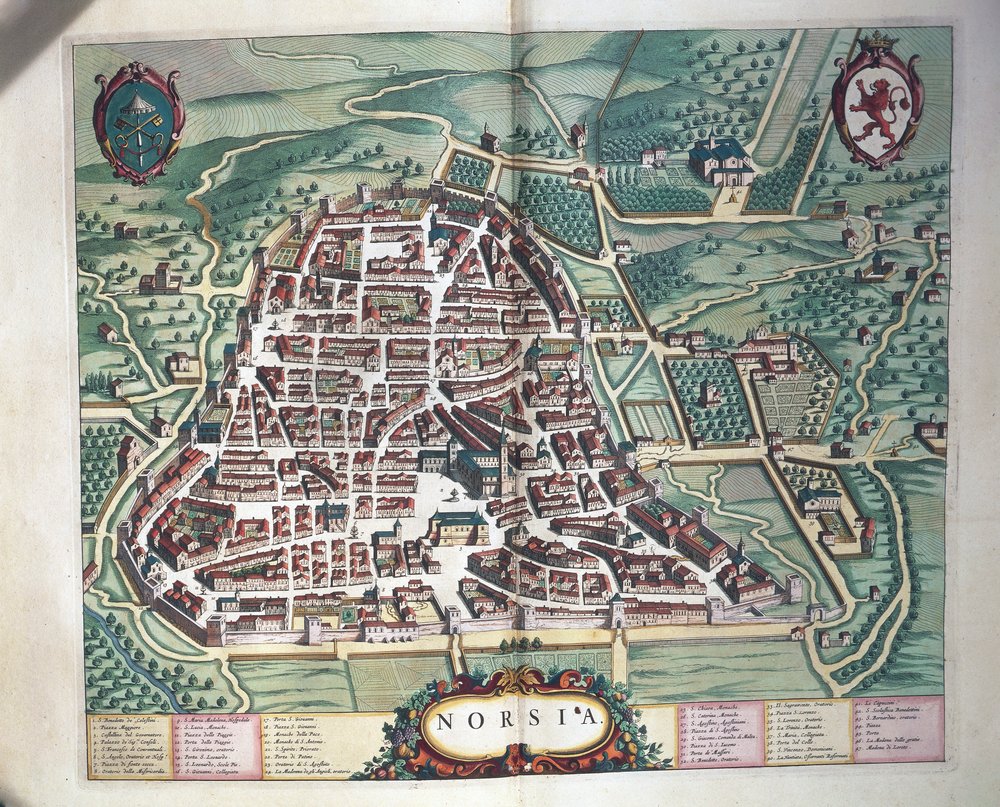 Mappa di Norcia da Theatrum civitatum et admirandorum Italiae di Joan Blaeu, incisione