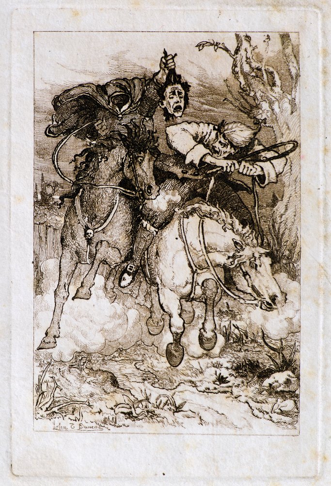 Due cavalieri al galoppo [uno porta la propria testa]