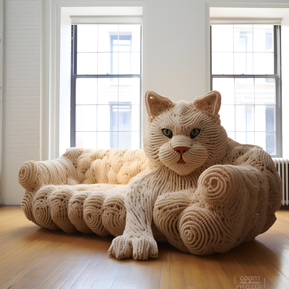 Un grande gatto all'uncinetto in un soggiorno realistico 1