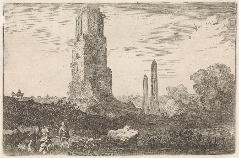 Paesaggio con due obelischi e la 'Torre delle Milizie'