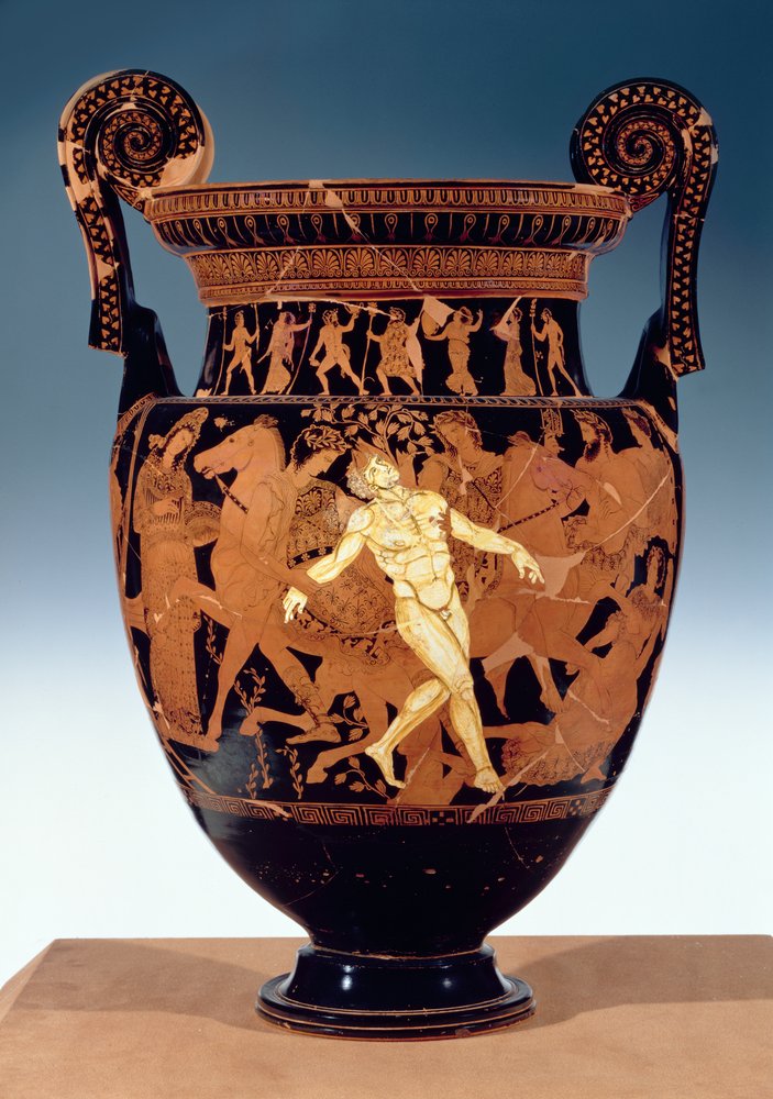 Cratere a volute a figure rosse attiche che raffigura la morte del ...