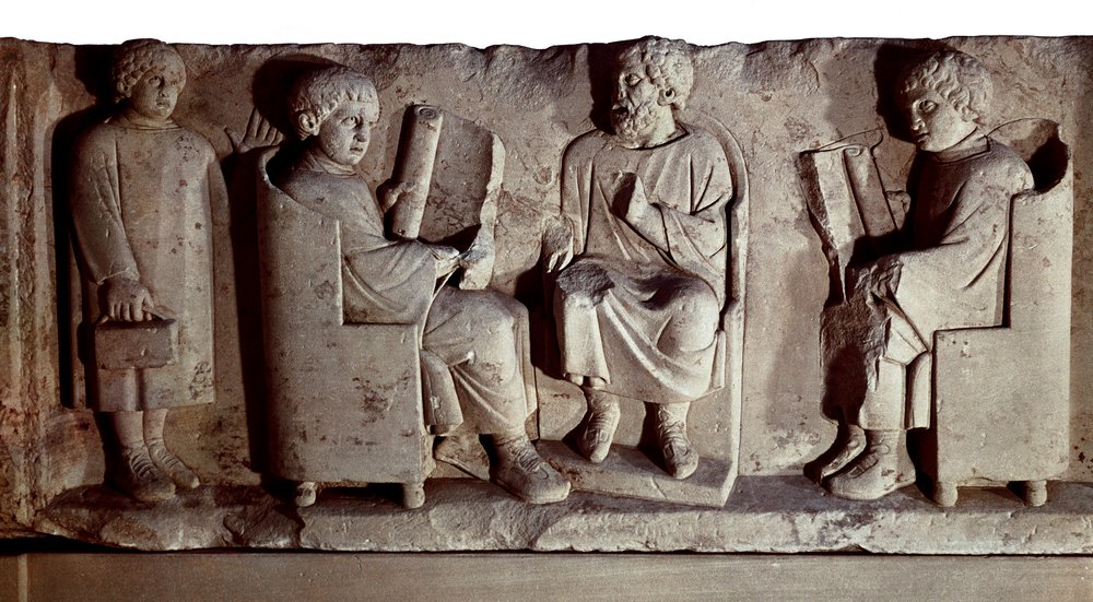 Civiltà romana. Rilievo che raffigura scena scolastica. Treviri, città ...