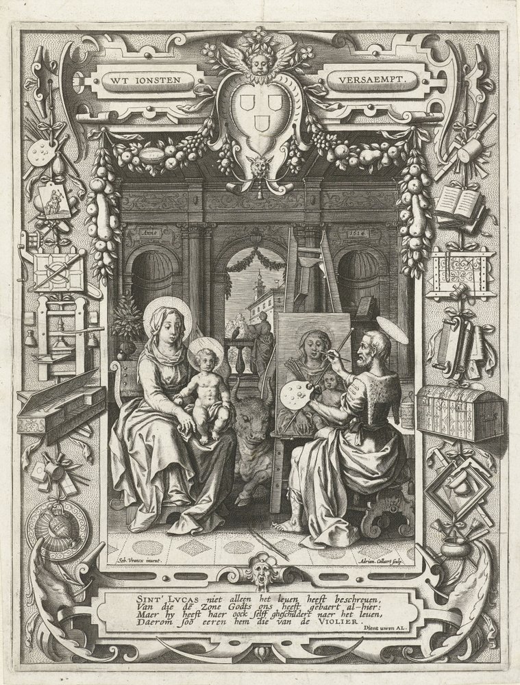 Stemma della Gilda di San Luca con San Luca che dipinge la Madonna col ...