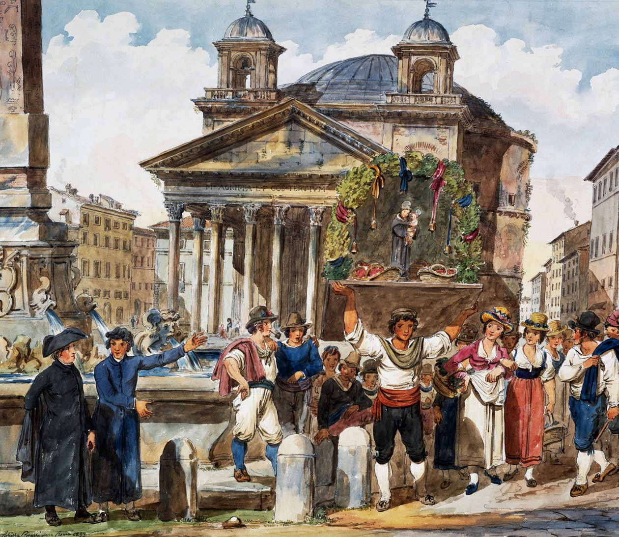 Festa delle fragole al Pantheon a Roma, acquerello di Achille Pinelli ...