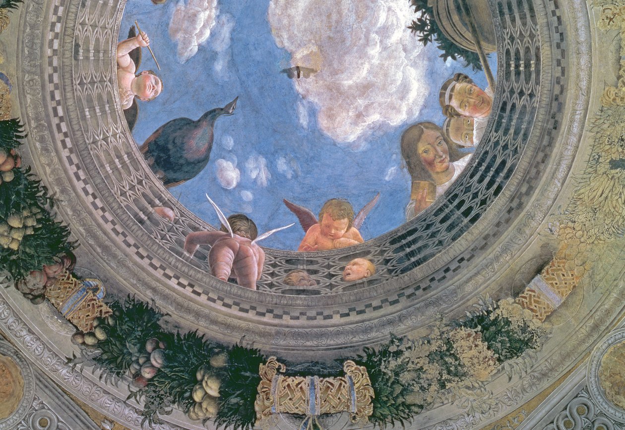 Trompe l'oeil oculus al centro del soffitto a volta della Camera degli ...