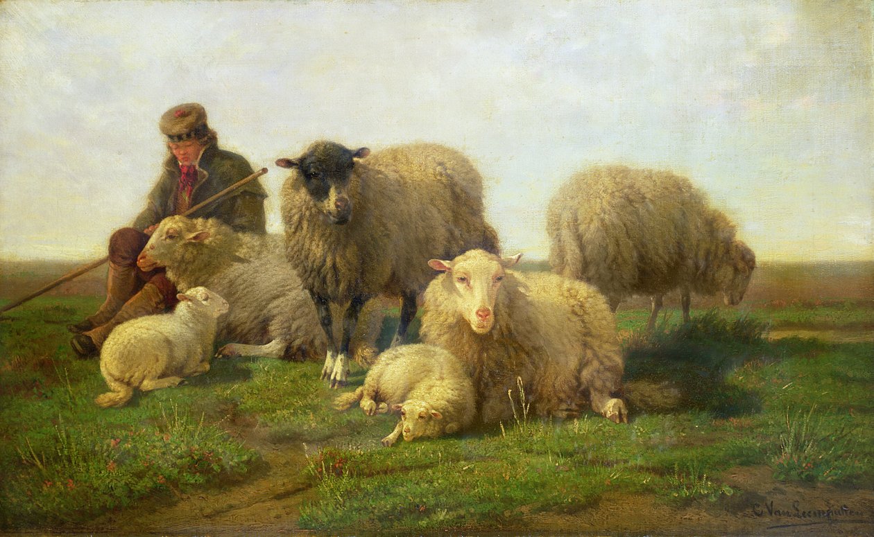 Un pastore con pecore e agnelli | Cornelis van Leemputten