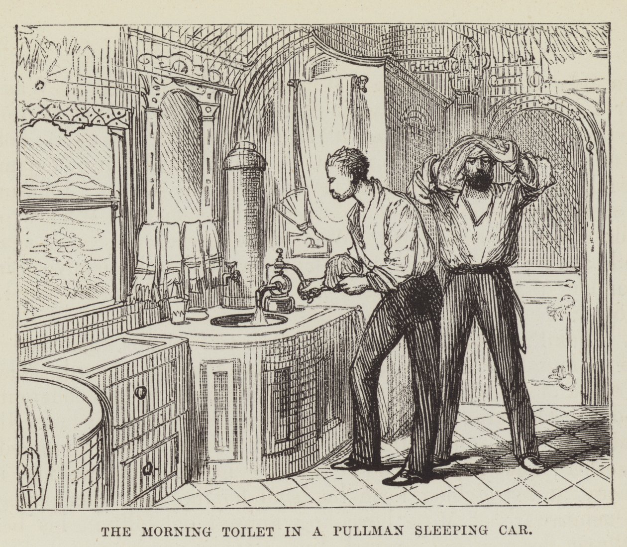 La toilette del mattino in una carrozza letto Pullman