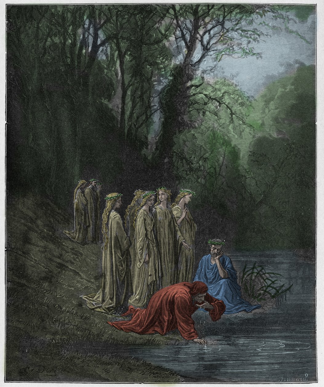 Purgatorio, Canto 33: Dante beve dal fiume Eunoe, illustrazione da "La ...