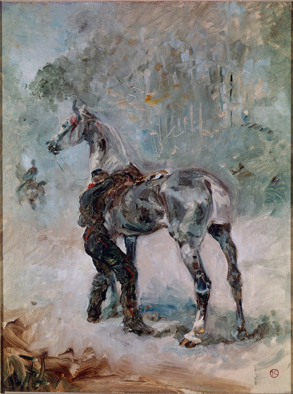 Artigliere che sella il suo cavallo | Stampa d'arte