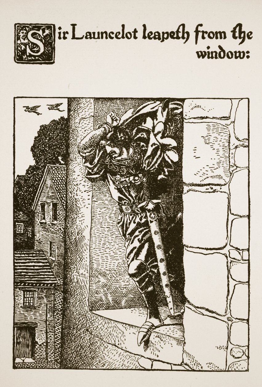 Sir Launcelot salta dalla finestra, illustrazione da 'La storia di Sir ...