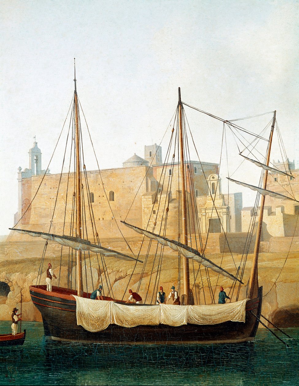 Veduta di una nave nel porto di Monopoli, Puglia, Italia. Napoli, Museo ...