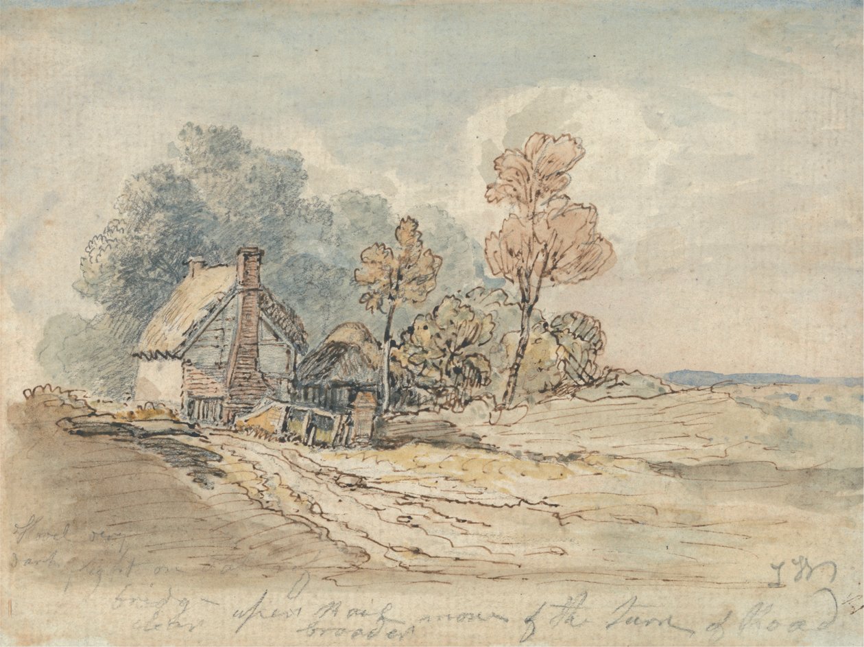 Un cottage con tetto di paglia e alberi alla svolta di una strada di ...