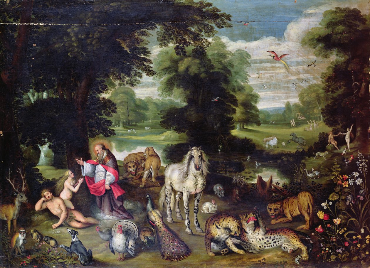 Adamo ed Eva con Dio nel Giardino dell'Eden e la storia della Caduta