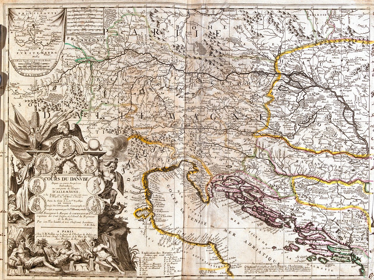 Mappa del corso del fiume Danubio in Germania (incisione)
