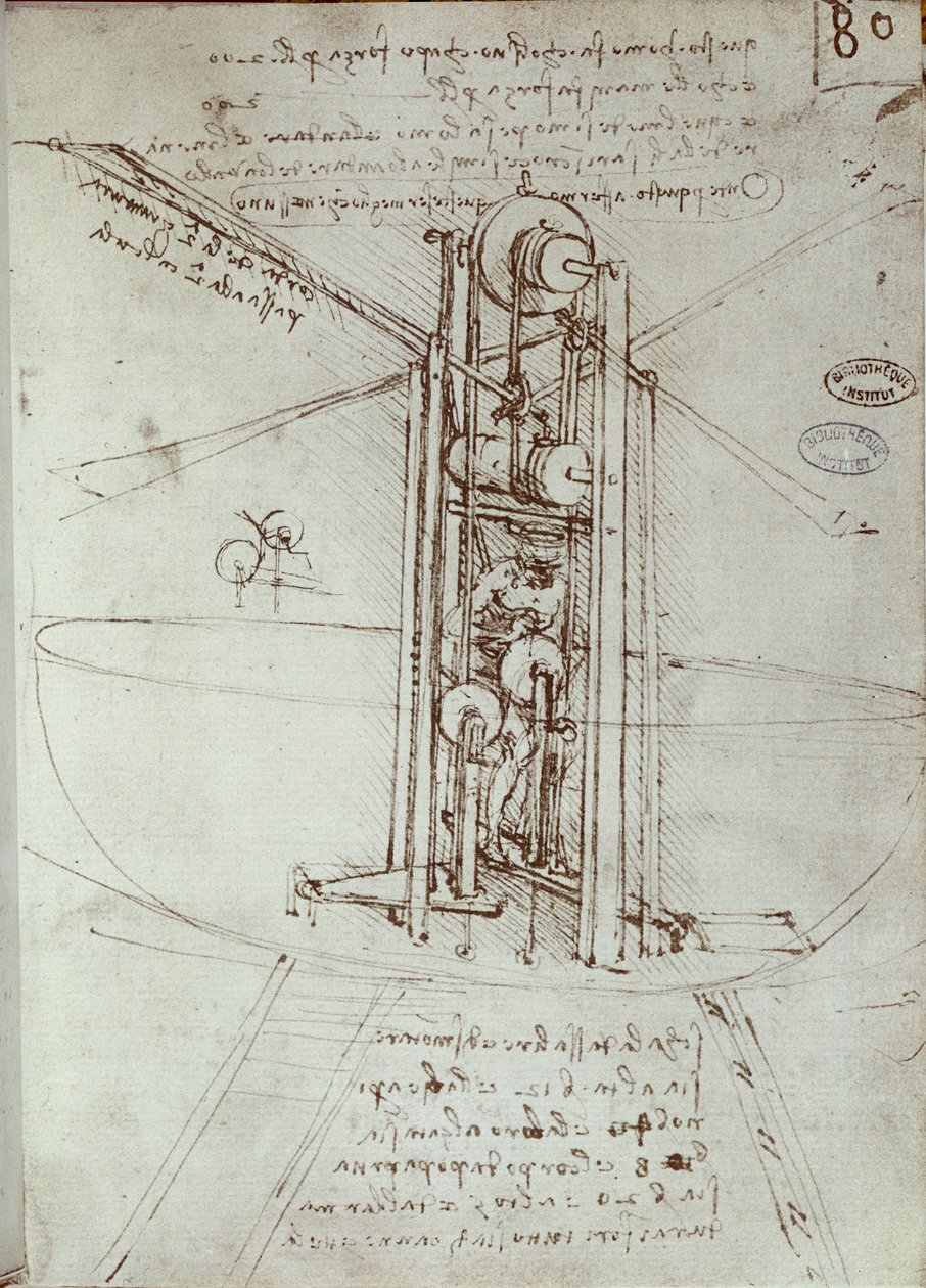 Disegno di macchina a propulsione volante. Manoscritto di Leonardo da Vinci