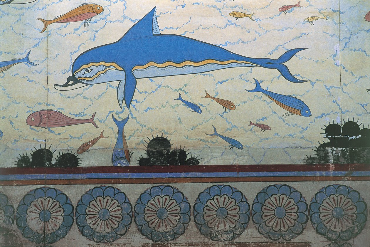 Primo piano di un murale in un palazzo, Palazzo di Minosse, Cnosso ...