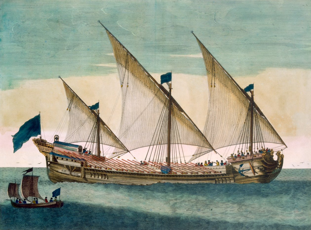 Una galeazza a tre alberi in navigazione a vela, remi riposti, da 'Le ...