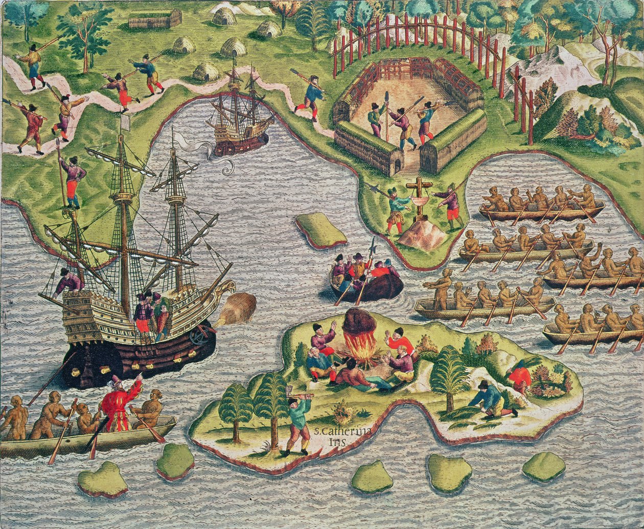 Scoperta di una Croce tra le rocce, da 'Americae Tertia Pars...', 1562
