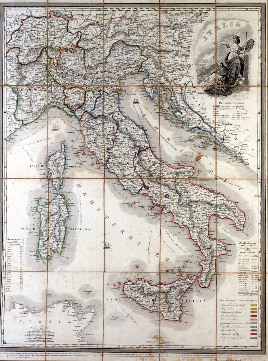 Carta geografica dell'Italia nel 1850 con la delimitazione dei confini dei diversi stati che ...