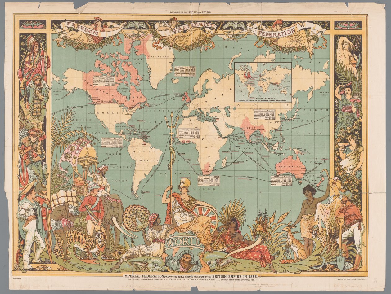 Mappa del mondo con l'Impero Britannico coloniale, 1886