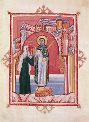 L'abbadessa Hilda offre il vangelo a Santa Walburga